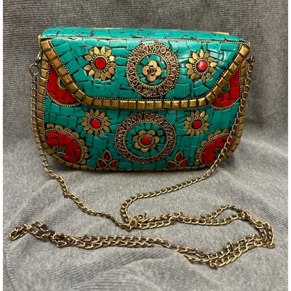Antik Kraft | Bags | Antik Kraft Turquoise Red Gold Metal Clutch Boho ...